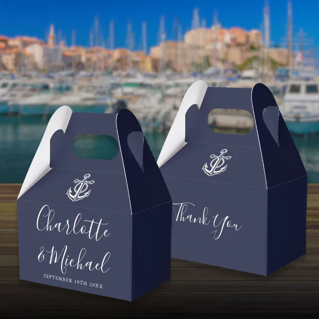 Navy Blue Nautical Signature Script Wedding Favor Boxes | Zazzle