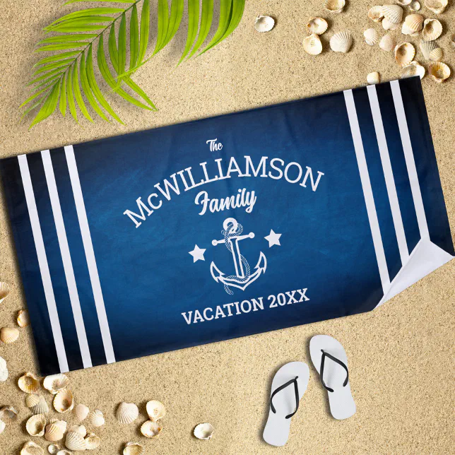 Navy Blue Nautical Theme Family Event Beach Towel | Zazzle