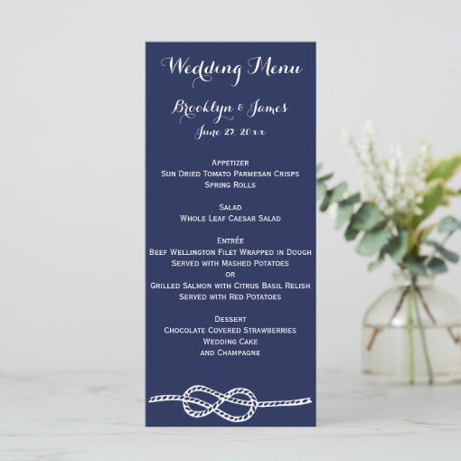 Navy Blue Nautical Wedding Menu Cards Knot | Zazzle