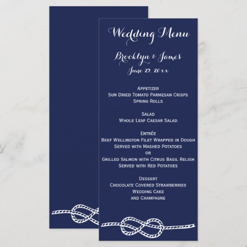 Navy Blue Nautical Wedding Menu Cards Knot | Zazzle