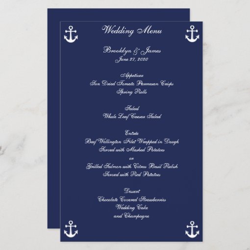 Navy Blue Nautical Wedding Menu Custom Flyer | Zazzle