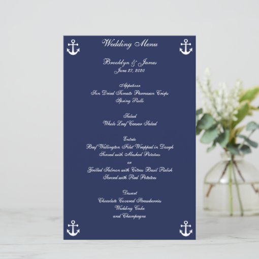 Navy Blue Nautical Wedding Menu Custom Flyer | Zazzle