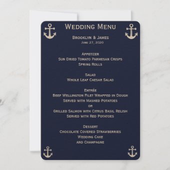 Navy Blue Nautical Wedding Menu Custom Invitations | Zazzle