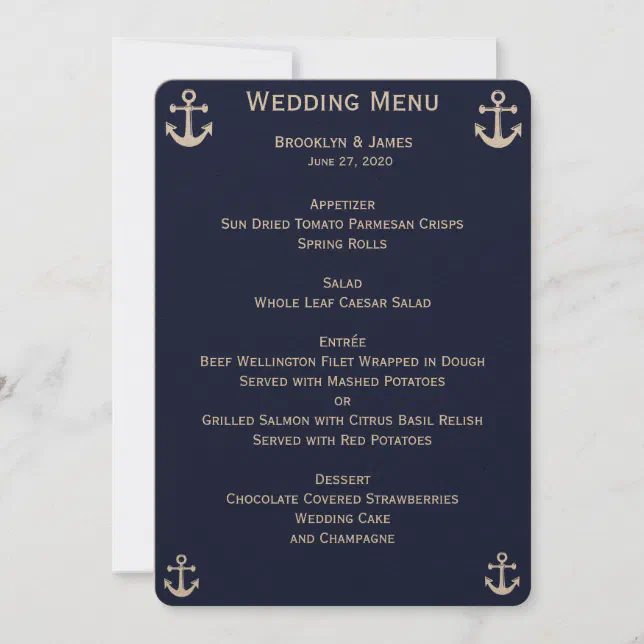 Navy Blue Nautical Wedding Menu Custom Invitations | Zazzle