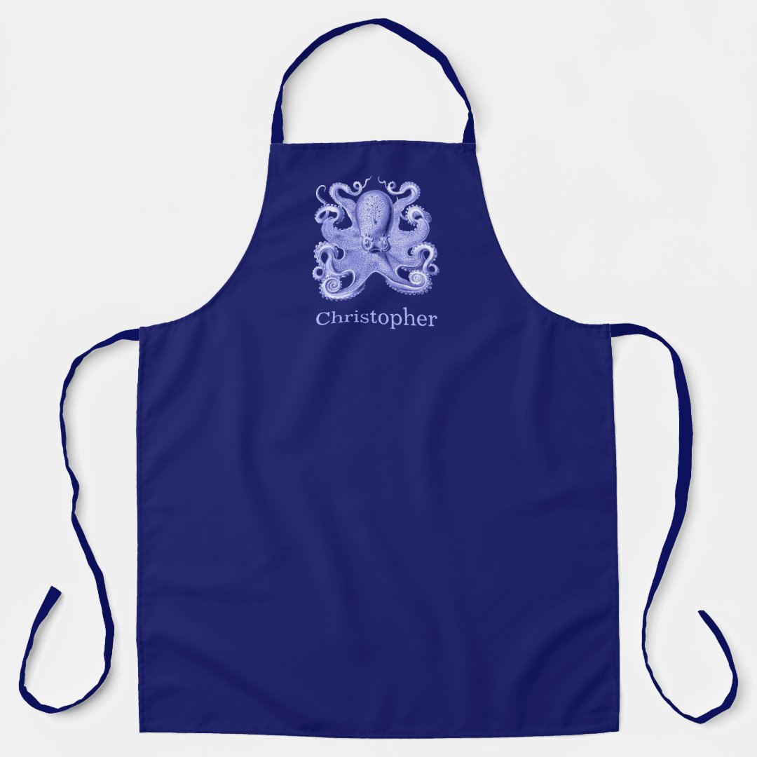 Navy Blue Octopus Custom Name Nautical Coastal Sea Apron | Zazzle