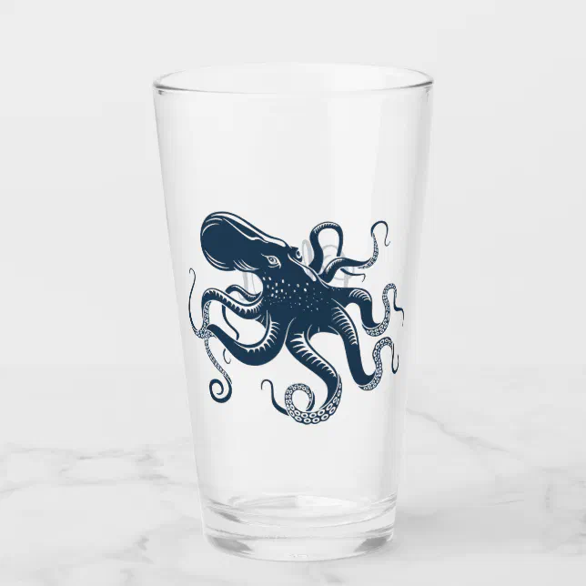 Navy blue octopus nautical illustration glass | Zazzle