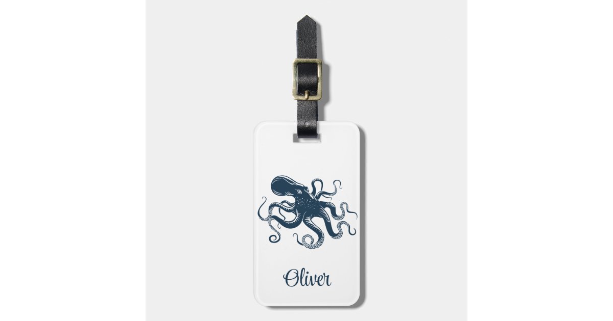 Navy blue octopus nautical illustration luggage tag | Zazzle