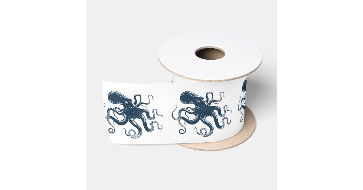 Navy blue octopus nautical illustration satin ribbon | Zazzle