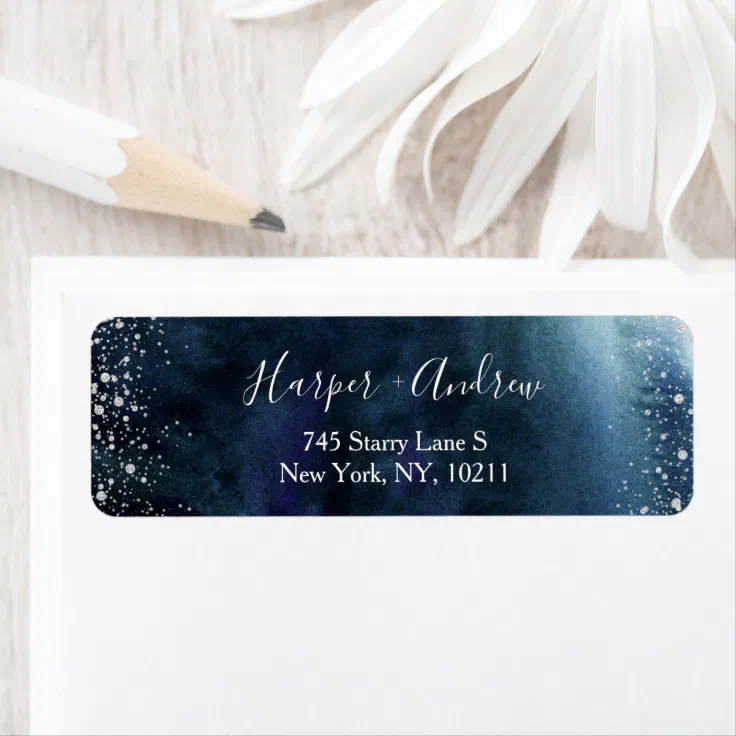 Navy Blue Ombre Watercolor Silver Return Address Label | Zazzle