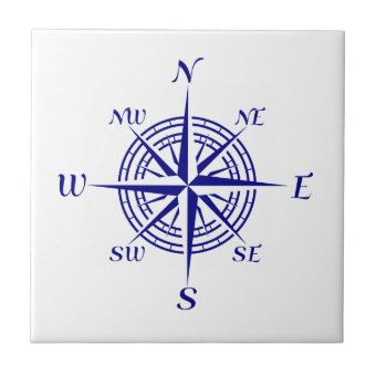 Navy Blue On White Coastal Decor Compass Rose Ceramic Tile | Zazzle
