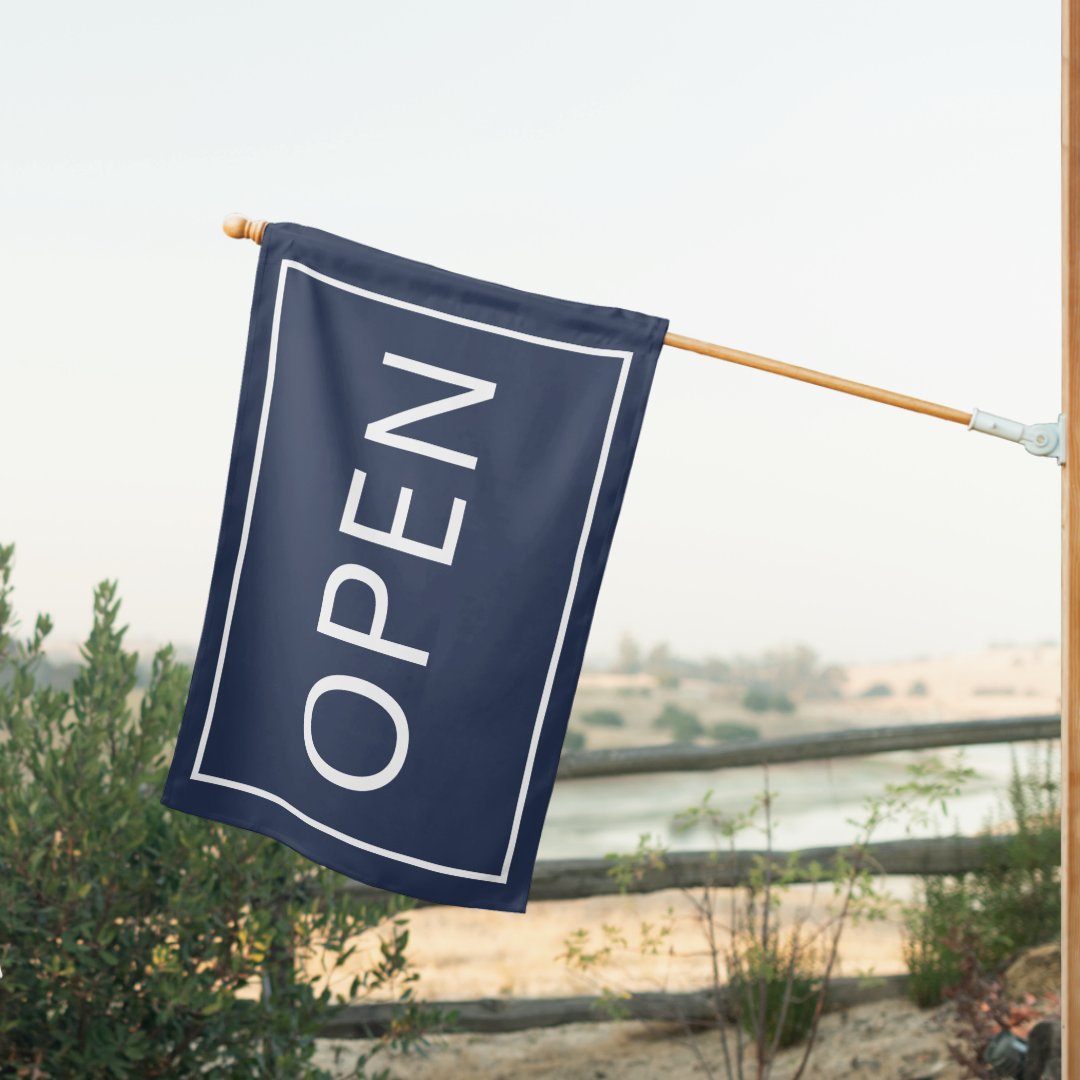 Navy Blue Open Sign Modern Minimal Business Flag | Zazzle