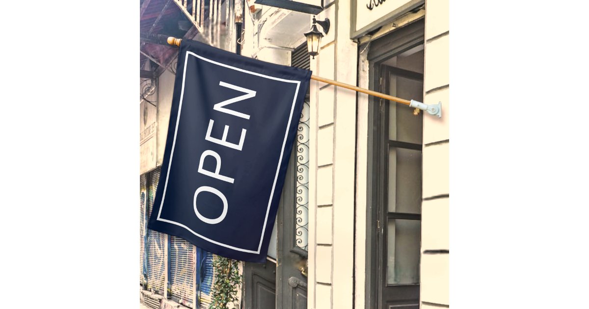 Navy Blue Open Sign Modern Minimal Business Flag | Zazzle