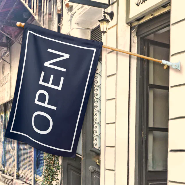 Navy Blue Open Sign Modern Minimal Business Flag | Zazzle
