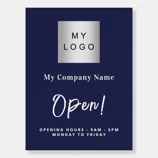 Navy blue open store business logo name foam board | Zazzle