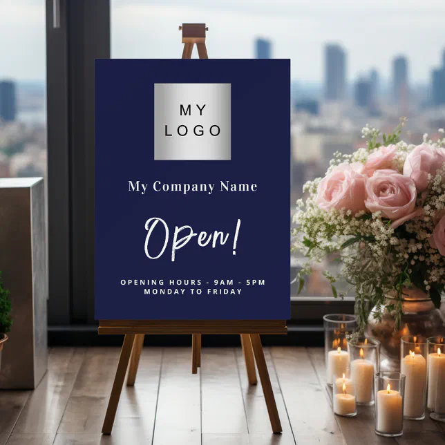 Navy blue open store business logo name foam board | Zazzle