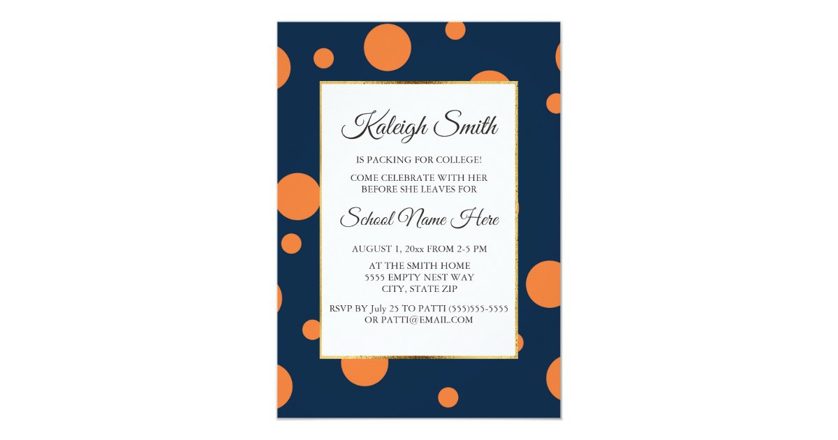 Navy Blue Orange Polka Dot College Trunk Party Invitation | Zazzle.com