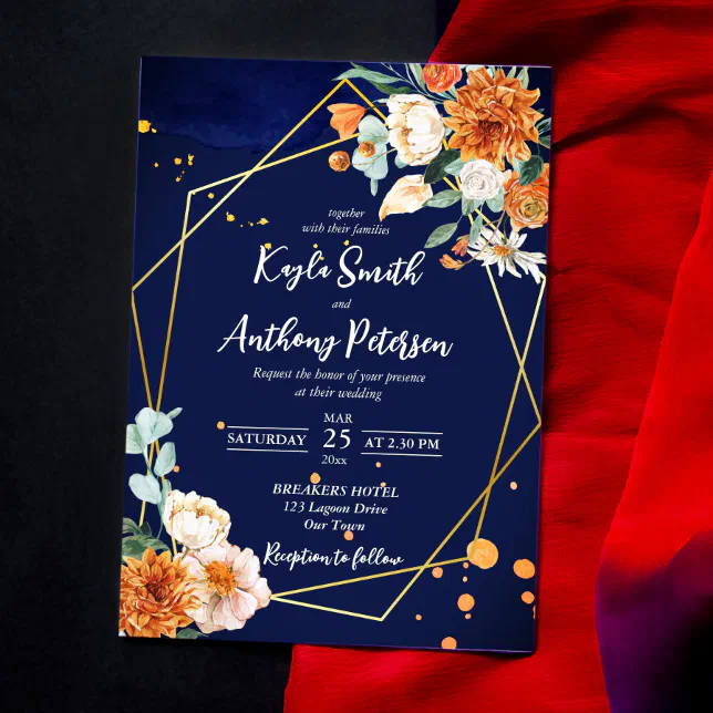 Navy blue orange white roses wedding invite | Zazzle