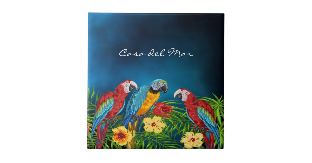 Navy blue parrots leaves summer house name ceramic tile | Zazzle