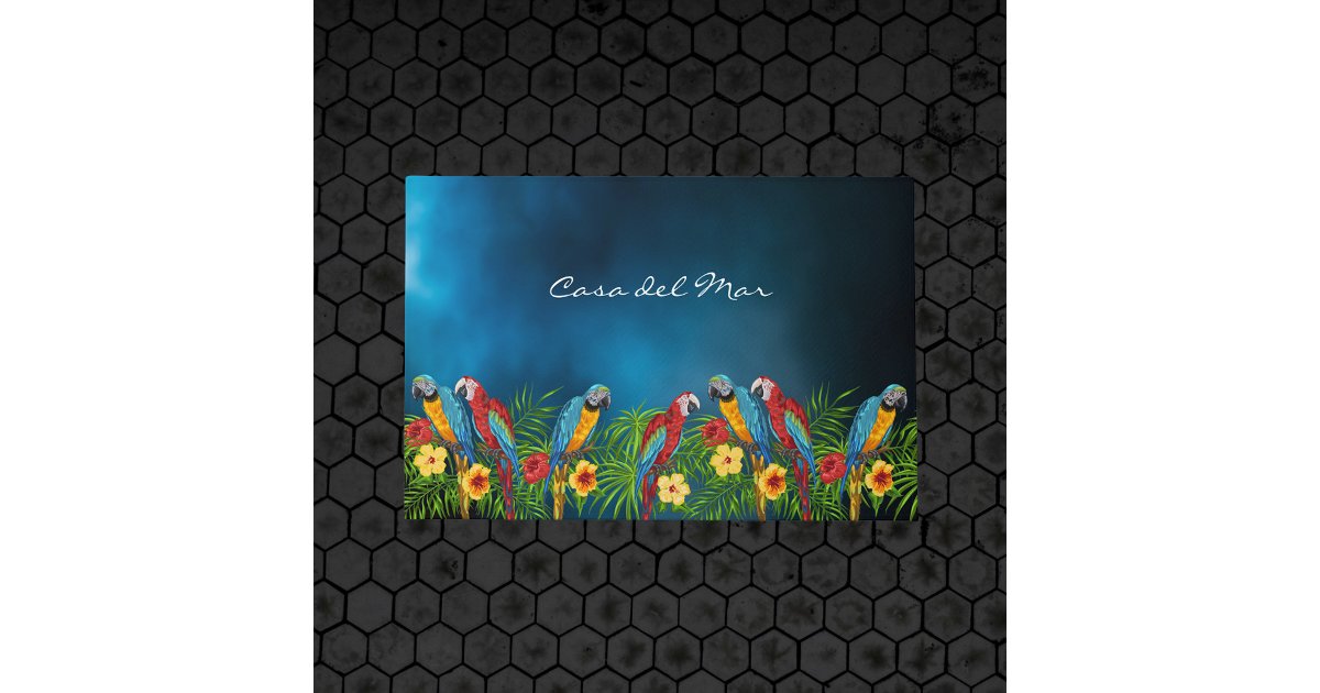 Navy blue parrots summer house name doormat | Zazzle