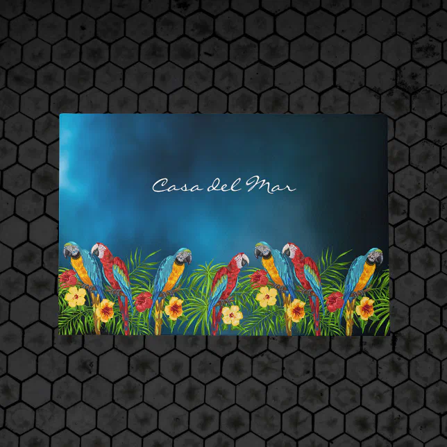 Navy blue parrots summer house name doormat | Zazzle