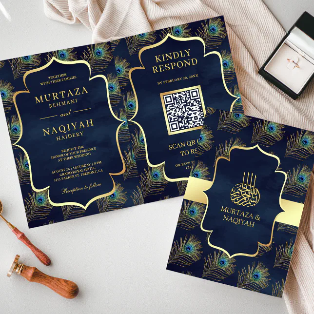 Navy Blue Peacock Feathers QR Code Muslim Wedding Invitation | Zazzle