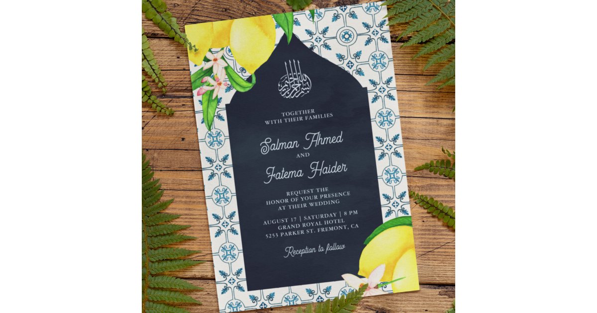 Navy Blue Persian Mosaic Lemon Islamic Wedding Invitation | Zazzle