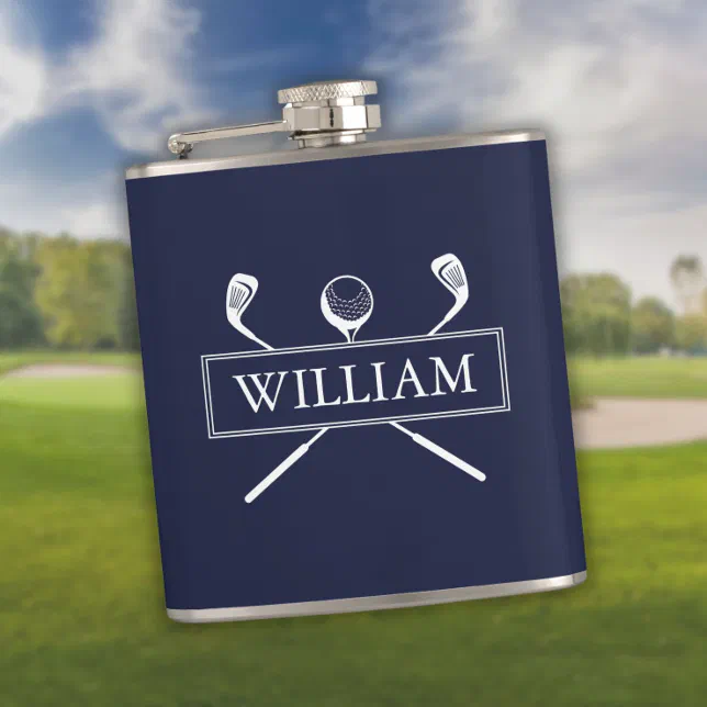Navy Blue Personalized Name Clubs And Ball Flask | Zazzle
