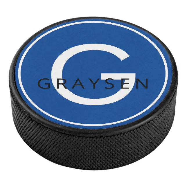 Navy Blue Personalized Name & Initial Letter Hockey Puck | Zazzle