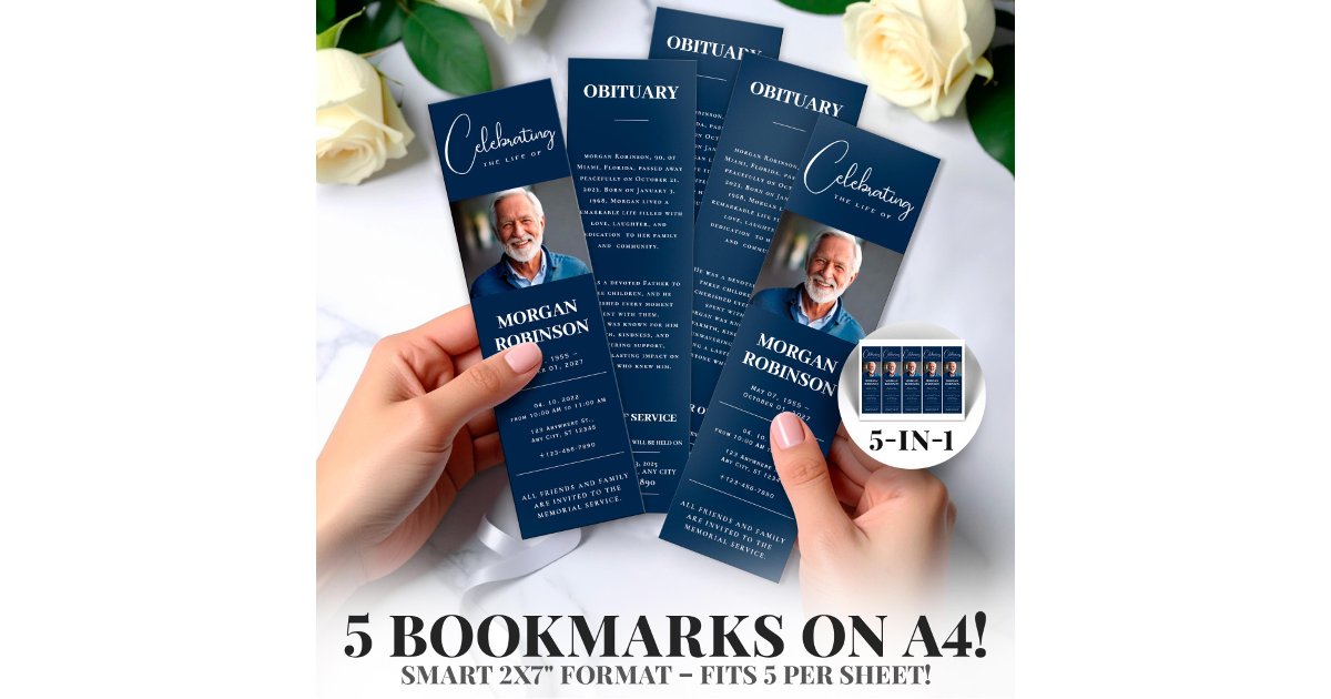 Navy Blue Photo 2x7" DIY Funeral Bookmark Template | Zazzle