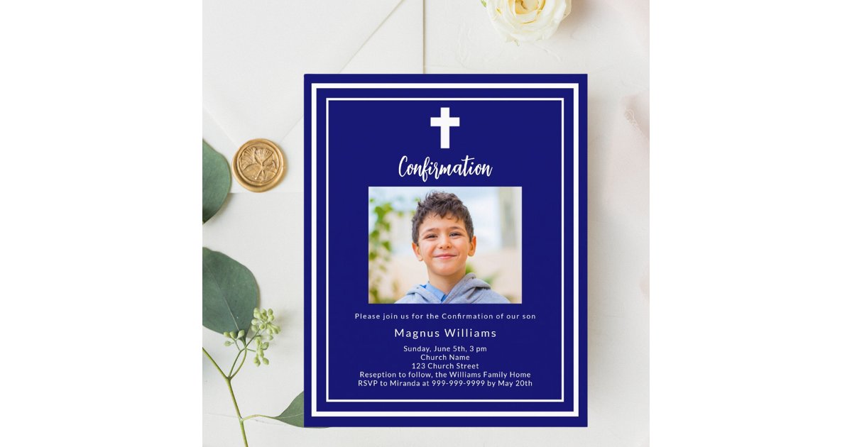 Navy blue photo boy Confirmation invitation | Zazzle