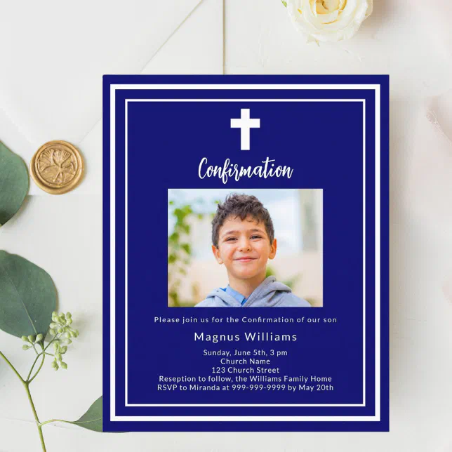 Navy blue photo boy Confirmation invitation | Zazzle