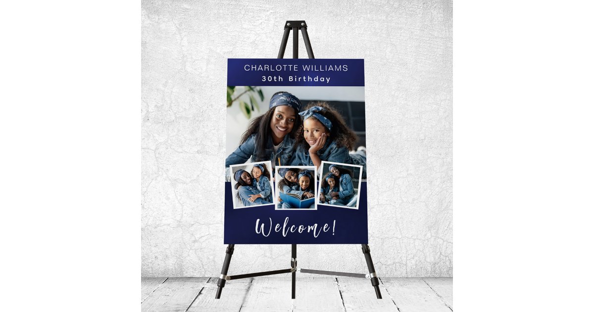 Navy blue photo collage birthday party welcome foam board | Zazzle