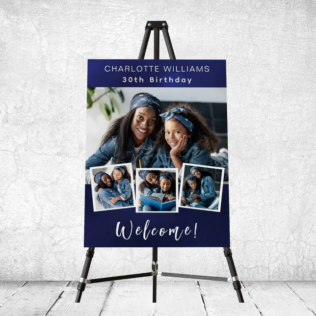 Navy blue photo collage birthday party welcome foam board | Zazzle