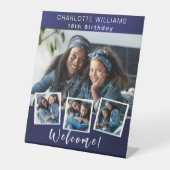 Navy blue photo collage birthday party welcome pedestal sign | Zazzle