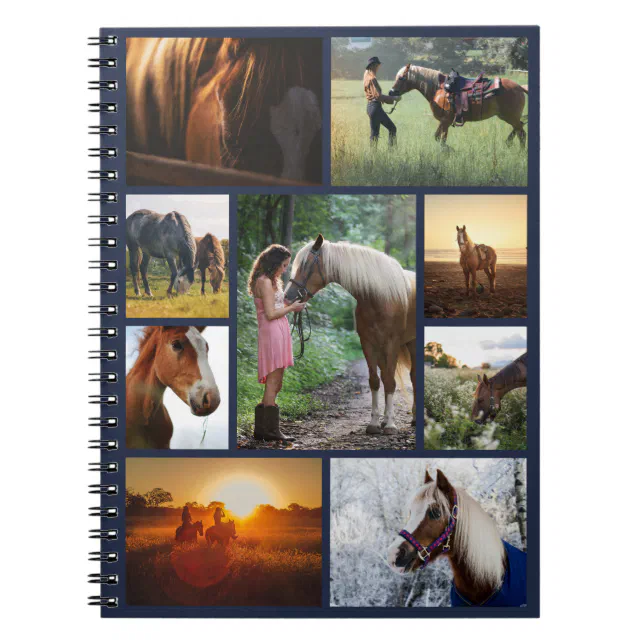 Navy Blue Photo Collage Horse Custom Notebook | Zazzle