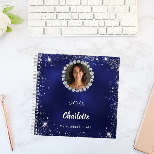 Navy blue photo diamonds silver glitter notebook | Zazzle