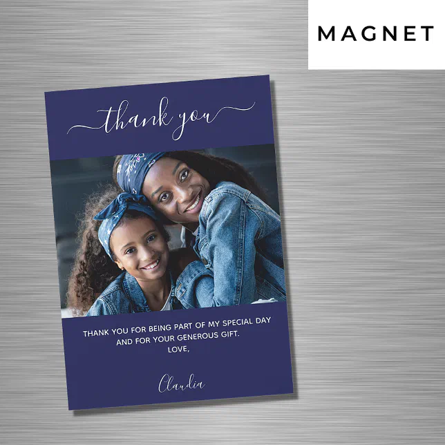 Navy blue photo script thank you magnet | Zazzle