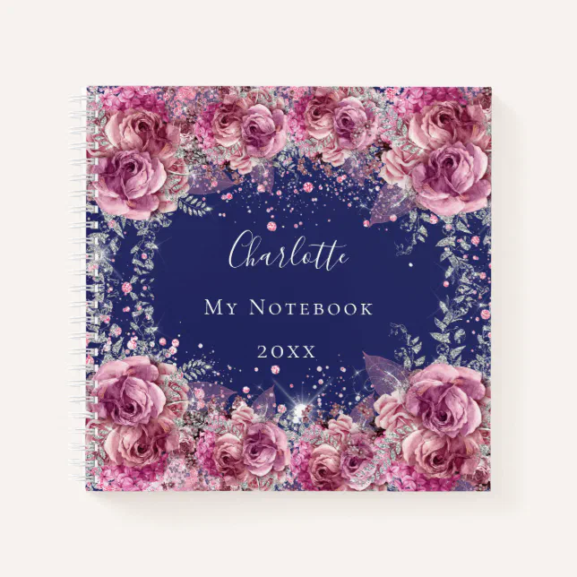 Navy blue pink floral glitter name elegant notebook | Zazzle