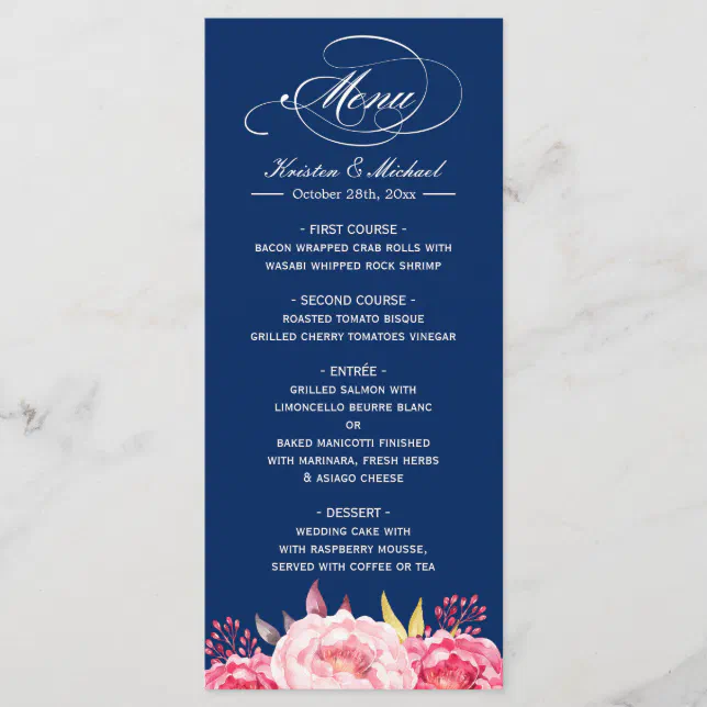 Navy Blue Pink Floral Wedding Menu Template | Zazzle