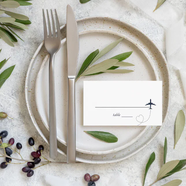 Navy Blue Plane Heart Travel Destination Wedding Place Card | Zazzle