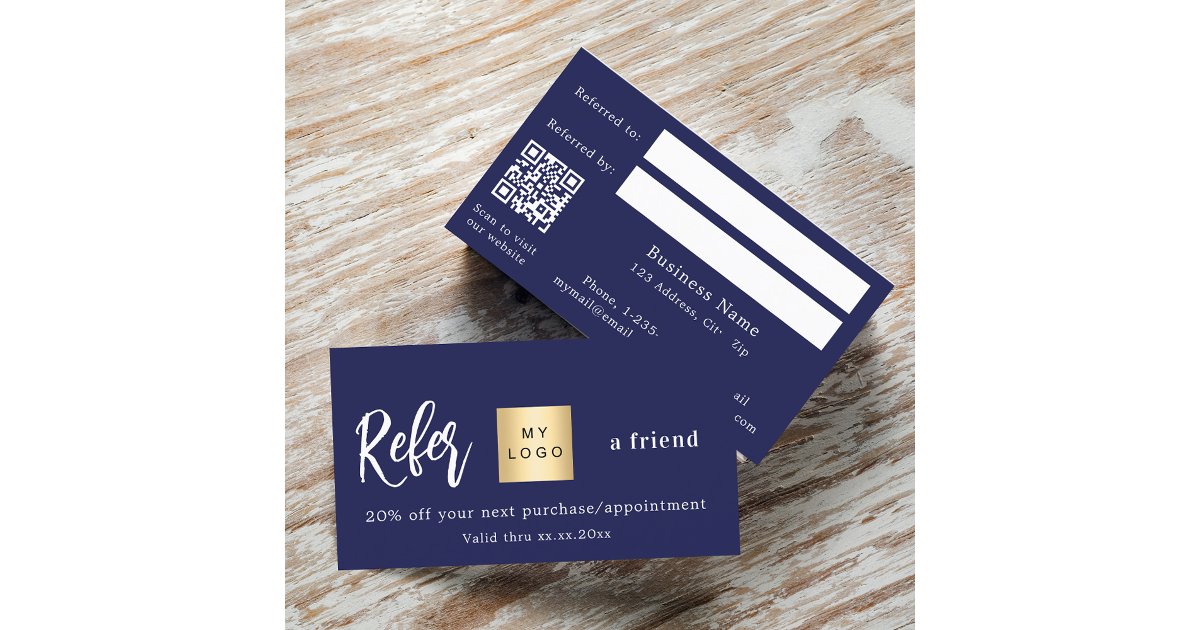 Navy blue qr code business logo referral card | Zazzle