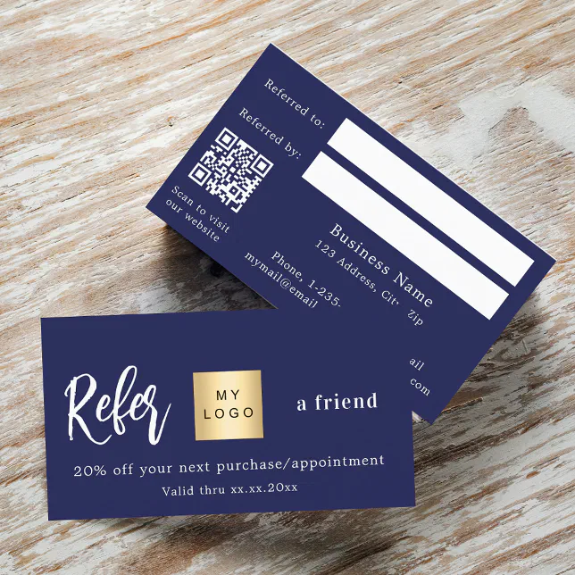 Navy blue qr code business logo referral card | Zazzle