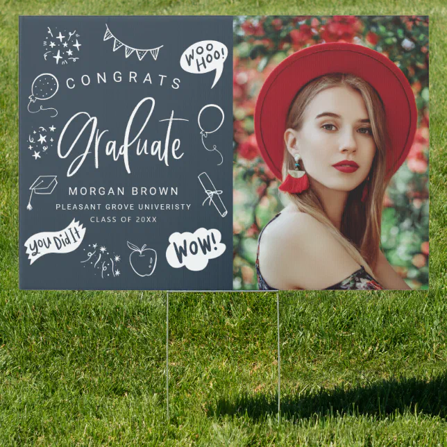 Navy Blue Quirky Doodle Congrats Graduate Photo Sign | Zazzle