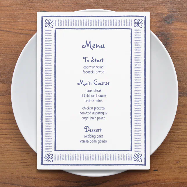 Navy Blue Quirky Playful Hand Drawn Wedding Menu | Zazzle