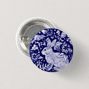 Navy Blue Rabbit Bunny Bird Floral Dedham Delft Button | Zazzle