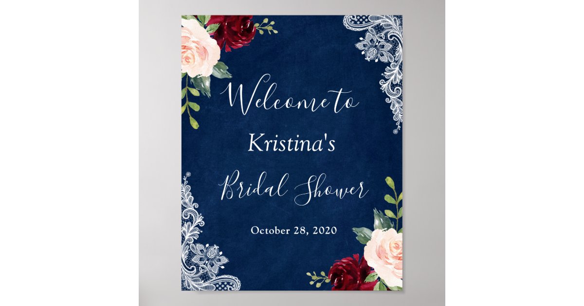 Navy Blue Red Blush Floral Lace Bridal Shower Sign | Zazzle