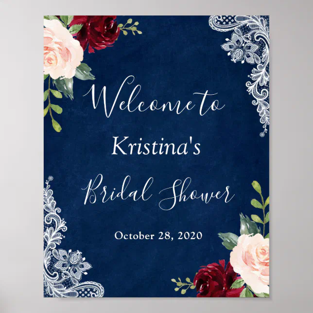 Navy Blue Red Blush Floral Lace Bridal Shower Sign | Zazzle