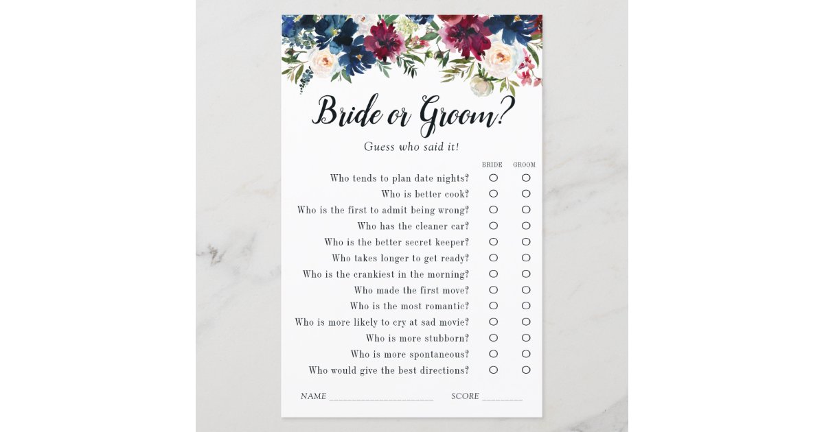 Navy Blue Red Floral Watercolor Bridal Shower Game | Zazzle
