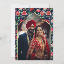 Navy Blue Red Roses Photo Anand Karaj Sikh Wedding Invitation | Zazzle