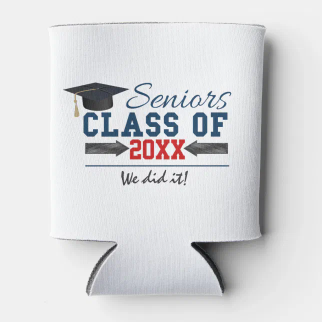 Navy Blue Red Typography Graduation Can cooler | Zazzle